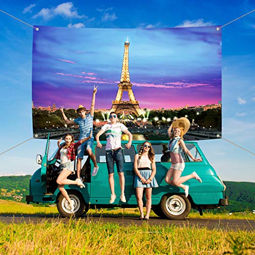 Paris Eiffel Tower Backdrop Banner Background Photo Booth Prop, Paris Night View Props Wall Photography Background Banner 6 x 3.6 Feet with 4 Copper Holes and 19.7 ft Black String