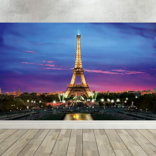 Paris Eiffel Tower Backdrop Banner Background Photo Booth Prop, Paris Night View Props Wall Photography Background Banner 6 x 3.6 Feet with 4 Copper Holes and 19.7 ft Black String