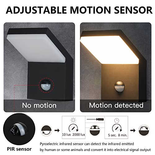 Motion Sensor Porch Light Black Exterior Light Fixture LED Modern Wall Mount Sconce for Garden Patio Garage IP54 Waterproof 1800lm 18W 3000K Warm White