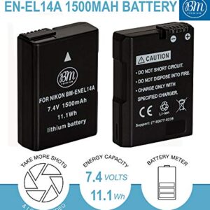 BM Premium EN-EL14A Battery for Nikon D3100, D3200, D3300, D3400, D3500, D5100, D5200, D5300, D5500, D5600, DF, Coolpix P7000, P7100, P7700 Digital SLR Cameras