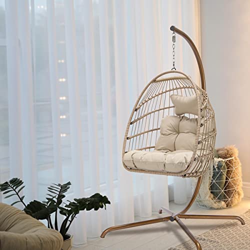 OUTPLATIO Hanging Chair with Stand for Outdoor Indoor with Cushion Swing Chairs for Outside Bedroom Patio Porch Garden Rattan Wicker Hanging Egg Chair Basket Chair 350 lbs Capacity (Beige)