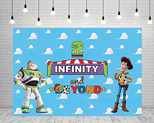 Two Infinity and Beyond Backdrop for 2nd Birthday Party Supplies 5x3ft Toy Story Photo Backgrounds Two Infinity and Beyond Theme Baby Shower Banner for Birthday Cake Table Decoration