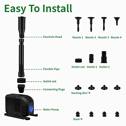 Fountain Pond Submersible Water Pump: 25W 400GPH Adjustable Quiet Outdoor Pump with 3 Nozzles 32ft Power Cord for Small Garden Aquarium Circulation Hydroponics Statuary