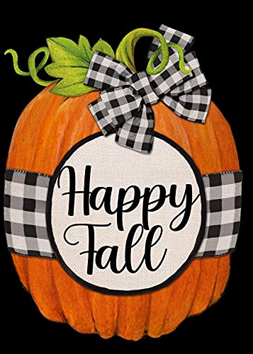 Covido Home Decorative Pumpkin Garden Flag, Happy Fall House Yard Outdoor Welcome Decor Buffalo Plaid Check Sign, Farmhouse Autumn Outside Decoration Seasonal Burlap Small Flag Double Sided 12 x 18