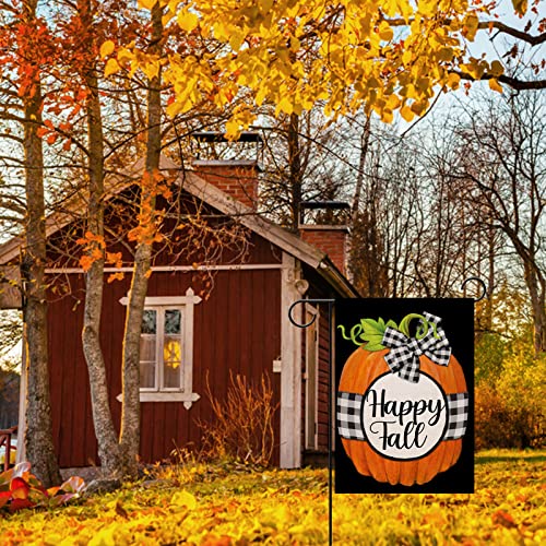 Covido Home Decorative Pumpkin Garden Flag, Happy Fall House Yard Outdoor Welcome Decor Buffalo Plaid Check Sign, Farmhouse Autumn Outside Decoration Seasonal Burlap Small Flag Double Sided 12 x 18