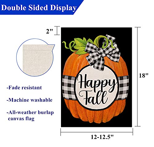 Covido Home Decorative Pumpkin Garden Flag, Happy Fall House Yard Outdoor Welcome Decor Buffalo Plaid Check Sign, Farmhouse Autumn Outside Decoration Seasonal Burlap Small Flag Double Sided 12 x 18