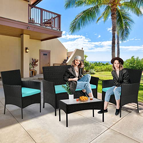 Qxznby 4 Pieces Outdoor Patio Furniture Set,Conversation Sets,Wicker Patio Conversation Furniture Rattan Chair Set with Tempered Glass Coffee Table and Cushion,Porch Poolside Balcony Furniture(Blue)