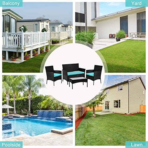 Qxznby 4 Pieces Outdoor Patio Furniture Set,Conversation Sets,Wicker Patio Conversation Furniture Rattan Chair Set with Tempered Glass Coffee Table and Cushion,Porch Poolside Balcony Furniture(Blue)