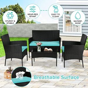 Qxznby 4 Pieces Outdoor Patio Furniture Set,Conversation Sets,Wicker Patio Conversation Furniture Rattan Chair Set with Tempered Glass Coffee Table and Cushion,Porch Poolside Balcony Furniture(Blue)