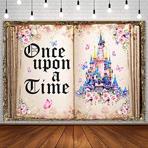 AIBIIN 7x5ft Once Upon a Time Backdrop Fairy Tale Books Castle Pink Floral Princess Romantic Story Old Opening Book Photo Background Wedding Baby Shower Birthday Party Decorations Banner Photo Props