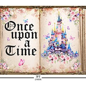 AIBIIN 7x5ft Once Upon a Time Backdrop Fairy Tale Books Castle Pink Floral Princess Romantic Story Old Opening Book Photo Background Wedding Baby Shower Birthday Party Decorations Banner Photo Props