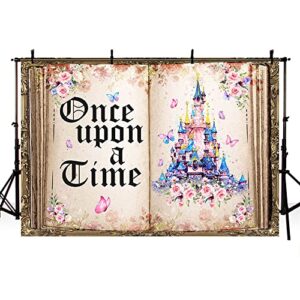 AIBIIN 7x5ft Once Upon a Time Backdrop Fairy Tale Books Castle Pink Floral Princess Romantic Story Old Opening Book Photo Background Wedding Baby Shower Birthday Party Decorations Banner Photo Props