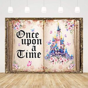 AIBIIN 7x5ft Once Upon a Time Backdrop Fairy Tale Books Castle Pink Floral Princess Romantic Story Old Opening Book Photo Background Wedding Baby Shower Birthday Party Decorations Banner Photo Props