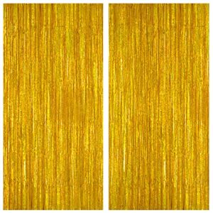 2 pack 3.2ft x 8.2ft gold metallic foil curtains, big laser glitter fringe rain curtain photo booth backdrop tinsel curtain streamer for birthday wedding graduations christmas event party supplies