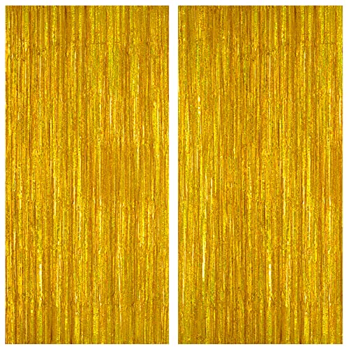 2 Pack 3.2ft x 8.2ft Gold Metallic Foil Curtains, Big Laser Glitter Fringe Rain Curtain Photo Booth Backdrop Tinsel Curtain Streamer for Birthday Wedding Graduations Christmas Event Party Supplies