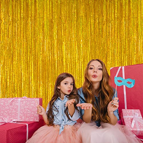 2 Pack 3.2ft x 8.2ft Gold Metallic Foil Curtains, Big Laser Glitter Fringe Rain Curtain Photo Booth Backdrop Tinsel Curtain Streamer for Birthday Wedding Graduations Christmas Event Party Supplies