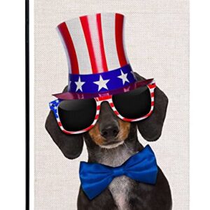 Uanvaha Dachshund Dog Garden Flag Double Sided Cute Sausage Puppy Wearing American Flag Hat Sunglasses Tie Welcome Small Yard Flag Seasonal Outside Decor Yard Farmhouse 12.5X18 Inch