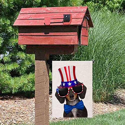 Uanvaha Dachshund Dog Garden Flag Double Sided Cute Sausage Puppy Wearing American Flag Hat Sunglasses Tie Welcome Small Yard Flag Seasonal Outside Decor Yard Farmhouse 12.5X18 Inch