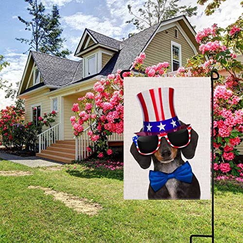 Uanvaha Dachshund Dog Garden Flag Double Sided Cute Sausage Puppy Wearing American Flag Hat Sunglasses Tie Welcome Small Yard Flag Seasonal Outside Decor Yard Farmhouse 12.5X18 Inch