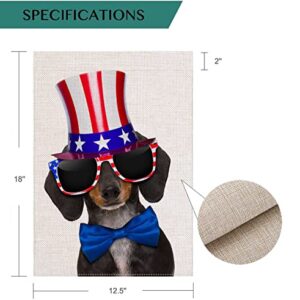 Uanvaha Dachshund Dog Garden Flag Double Sided Cute Sausage Puppy Wearing American Flag Hat Sunglasses Tie Welcome Small Yard Flag Seasonal Outside Decor Yard Farmhouse 12.5X18 Inch