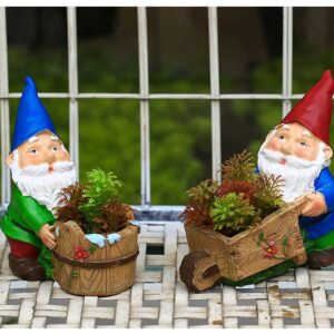 Cliocoo Garden Gnome Statue Planter-Funny Resin Gnome Figurine Holding a Wheelbarrow, Fairy Garden Gnome, Outdoor Décor for Home Lawn Yard Patio, 5.9 Inch (Gnome Holding Wheelbarrow)