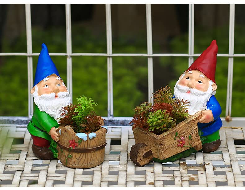 Cliocoo Garden Gnome Statue Planter-Funny Resin Gnome Figurine Holding a Wheelbarrow, Fairy Garden Gnome, Outdoor Décor for Home Lawn Yard Patio, 5.9 Inch (Gnome Holding Wheelbarrow)