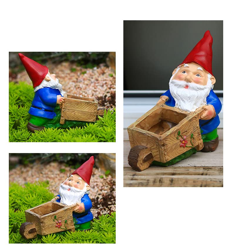 Cliocoo Garden Gnome Statue Planter-Funny Resin Gnome Figurine Holding a Wheelbarrow, Fairy Garden Gnome, Outdoor Décor for Home Lawn Yard Patio, 5.9 Inch (Gnome Holding Wheelbarrow)