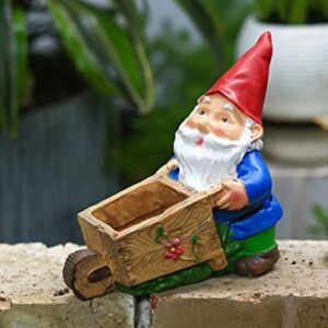 Cliocoo Garden Gnome Statue Planter-Funny Resin Gnome Figurine Holding a Wheelbarrow, Fairy Garden Gnome, Outdoor Décor for Home Lawn Yard Patio, 5.9 Inch (Gnome Holding Wheelbarrow)