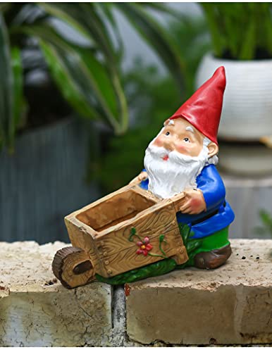 Cliocoo Garden Gnome Statue Planter-Funny Resin Gnome Figurine Holding a Wheelbarrow, Fairy Garden Gnome, Outdoor Décor for Home Lawn Yard Patio, 5.9 Inch (Gnome Holding Wheelbarrow)