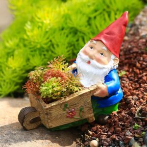 Cliocoo Garden Gnome Statue Planter-Funny Resin Gnome Figurine Holding a Wheelbarrow, Fairy Garden Gnome, Outdoor Décor for Home Lawn Yard Patio, 5.9 Inch (Gnome Holding Wheelbarrow)