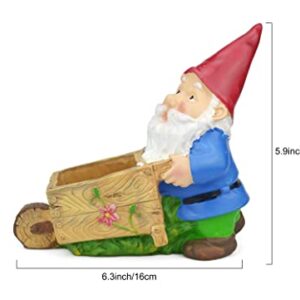 Cliocoo Garden Gnome Statue Planter-Funny Resin Gnome Figurine Holding a Wheelbarrow, Fairy Garden Gnome, Outdoor Décor for Home Lawn Yard Patio, 5.9 Inch (Gnome Holding Wheelbarrow)