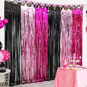 lolstar 3 pack minnie birthday party supplies,3.3×6.6 ft black pink fuchsia tinsel foil fringe curtains,cartoon mouse photo booth prop streamer backdrop,minnie themed party decoration for girls babies