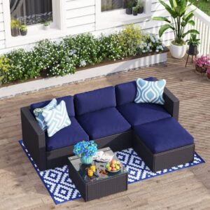 phi villa 5 piece patio furniture sets,outdoor sectional sofa all weather upgrade wicker conversation set with tea table&cushion(navy blue)