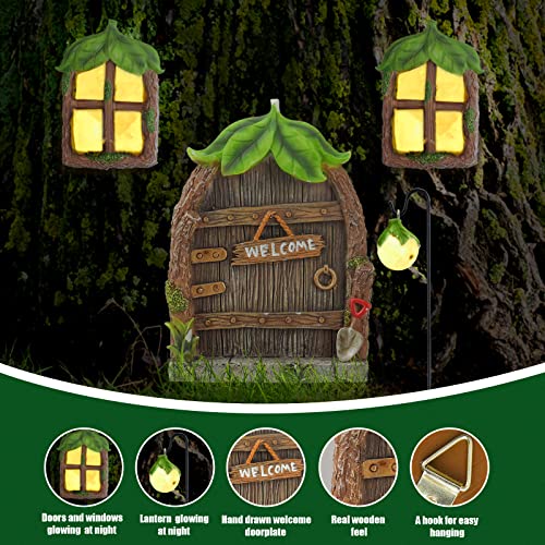 Fairy Door and Windows for Trees - Leaf Garden Gnomes Outdoor Decorations Kit, Yard Art Glow in The Dark, Miniature Fairy Garden Accessories Outdoor with Fairy Lantern