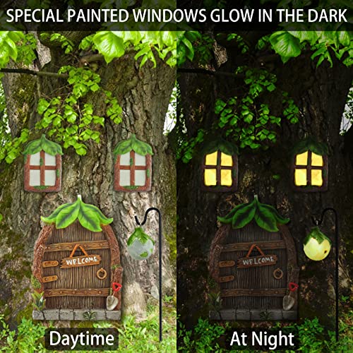 Fairy Door and Windows for Trees - Leaf Garden Gnomes Outdoor Decorations Kit, Yard Art Glow in The Dark, Miniature Fairy Garden Accessories Outdoor with Fairy Lantern