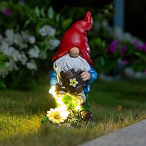 garden gnome statue outdoor decor with watering can solar lights, funny knomes figurines watering sunflower, outside decoration for patio yard lawn porch ornaments clearance gardening gift