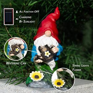 Garden Gnome Statue Outdoor Decor with Watering Can Solar Lights, Funny Knomes Figurines Watering Sunflower, Outside Decoration for Patio Yard Lawn Porch Ornaments Clearance Gardening Gift