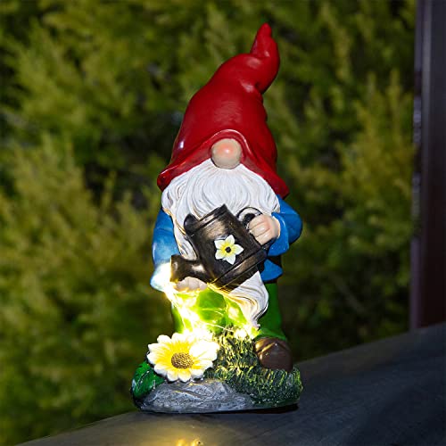 Garden Gnome Statue Outdoor Decor with Watering Can Solar Lights, Funny Knomes Figurines Watering Sunflower, Outside Decoration for Patio Yard Lawn Porch Ornaments Clearance Gardening Gift