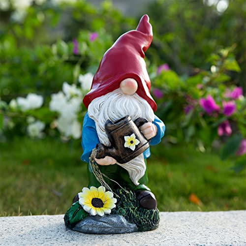 Garden Gnome Statue Outdoor Decor with Watering Can Solar Lights, Funny Knomes Figurines Watering Sunflower, Outside Decoration for Patio Yard Lawn Porch Ornaments Clearance Gardening Gift