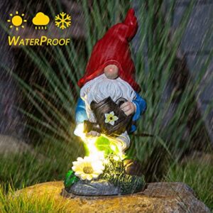 Garden Gnome Statue Outdoor Decor with Watering Can Solar Lights, Funny Knomes Figurines Watering Sunflower, Outside Decoration for Patio Yard Lawn Porch Ornaments Clearance Gardening Gift