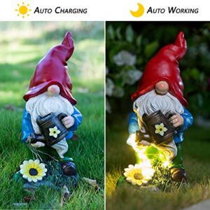 Garden Gnome Statue Outdoor Decor with Watering Can Solar Lights, Funny Knomes Figurines Watering Sunflower, Outside Decoration for Patio Yard Lawn Porch Ornaments Clearance Gardening Gift