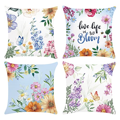 Bonhause Garden Spring Pillow Covers 18x18 Inch Set of 4 Live Life in Full Bloom Pillows Case Soft Velvet for Couch Sofa Patio Garden Decor