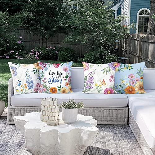 Bonhause Garden Spring Pillow Covers 18x18 Inch Set of 4 Live Life in Full Bloom Pillows Case Soft Velvet for Couch Sofa Patio Garden Decor