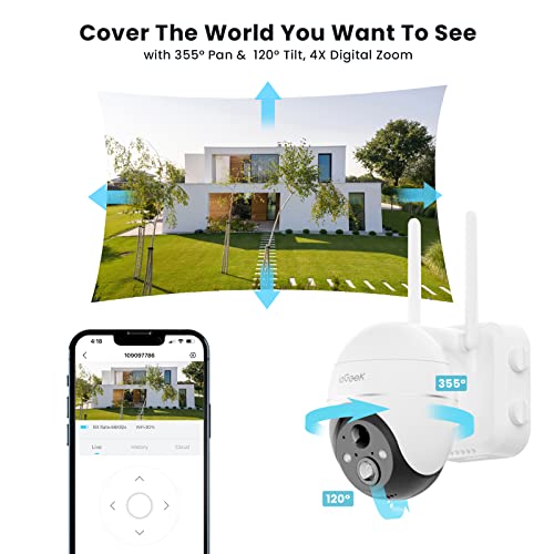 ieGeek 5MP Security Cameras Wireless Outdoor, Solar Camera Security Outdoor WiFi 360° PTZ Battery Powered with Spotlight & Siren/Motion Detection/Color Night Vision/2-Way Audio/IP65, Works with Alexa