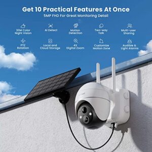 ieGeek 5MP Security Cameras Wireless Outdoor, Solar Camera Security Outdoor WiFi 360° PTZ Battery Powered with Spotlight & Siren/Motion Detection/Color Night Vision/2-Way Audio/IP65, Works with Alexa