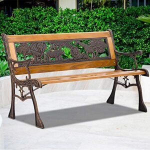 hkeli park garden bench terrace outdoor children’s bench metal solid wood bench with armrests, suitable for park yard terrace lawn terrace, bronze