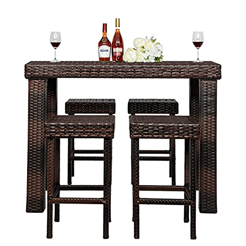 Patio Bar Set,Wicker Outdoor Table and 4 Bar Stools,5 Piece Patio Furniture Bar Set PE Wicker Patio Furniture Outdoor Bar Set for Poolside,Backyard,Garden,Porches (Brown-5 Pcs)