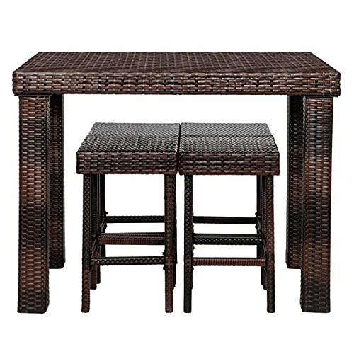 Patio Bar Set,Wicker Outdoor Table and 4 Bar Stools,5 Piece Patio Furniture Bar Set PE Wicker Patio Furniture Outdoor Bar Set for Poolside,Backyard,Garden,Porches (Brown-5 Pcs)