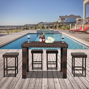 Patio Bar Set,Wicker Outdoor Table and 4 Bar Stools,5 Piece Patio Furniture Bar Set PE Wicker Patio Furniture Outdoor Bar Set for Poolside,Backyard,Garden,Porches (Brown-5 Pcs)