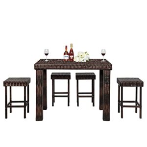 Patio Bar Set,Wicker Outdoor Table and 4 Bar Stools,5 Piece Patio Furniture Bar Set PE Wicker Patio Furniture Outdoor Bar Set for Poolside,Backyard,Garden,Porches (Brown-5 Pcs)